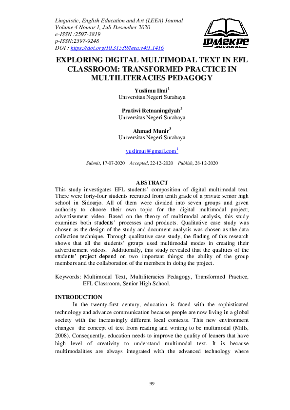 (PDF) Exploring Digital Multimodal Text in EFL Classroom: Transformed Practice in ...