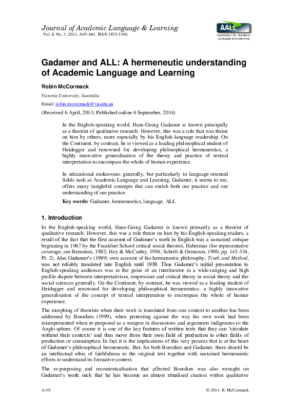 (PDF) Gadamer and ALL: A hermeneutic understanding of Academic Language ...