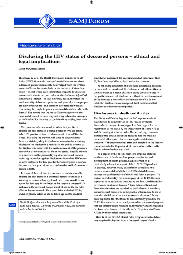 (PDF) Disclosing the HIV status of deceased persons - ethical and legal ...