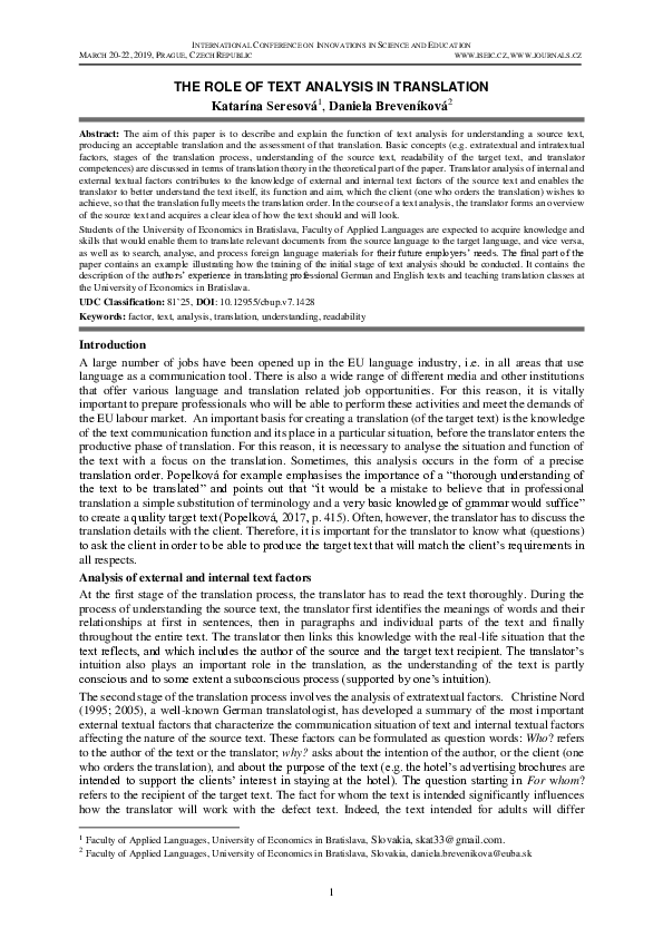 (PDF) The Role of Text Analysis in Translation