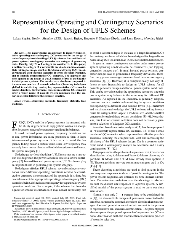 (PDF) Representative Operating and Contingency Scenarios for the Design of UFLS Schemes