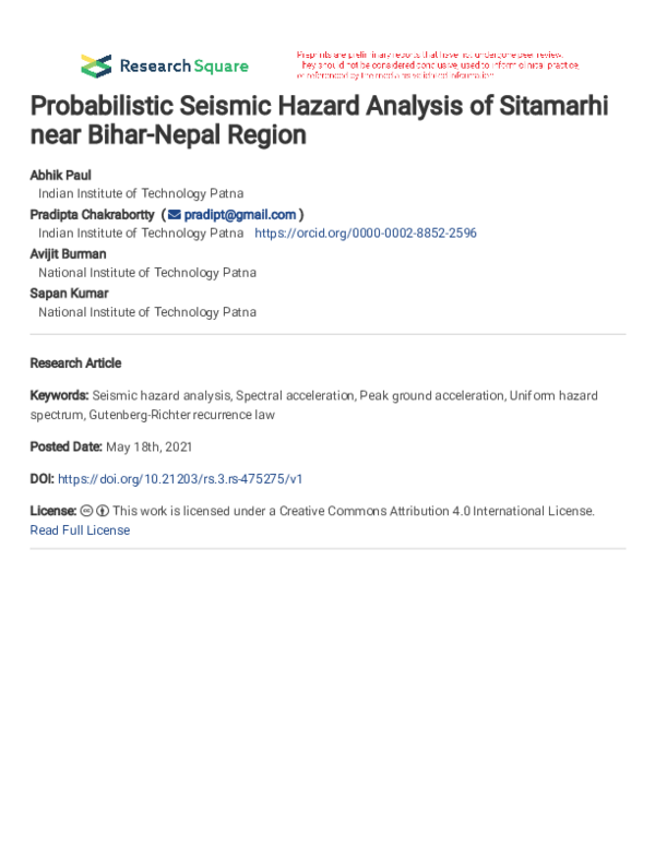 (PDF) Probabilistic Seismic Hazard Analysis of Sitamarhi near Bihar-Nepal Region