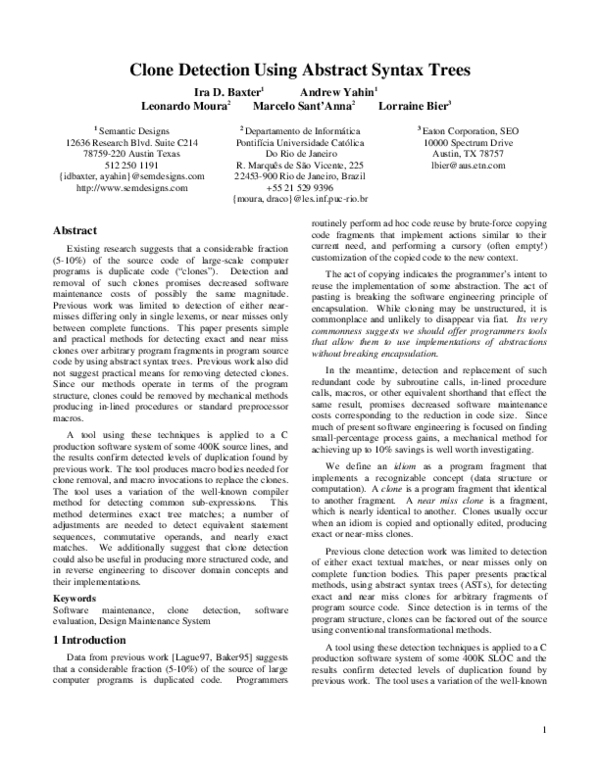 Pdf Clone Detection Using Abstract Syntax Trees Ira Baxter