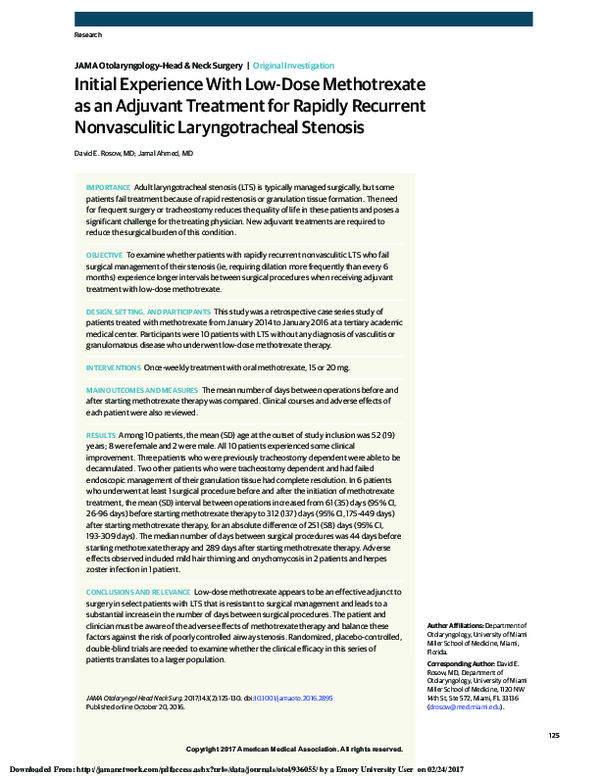 (PDF) Initial Experience With Low-Dose Methotrexate as an Adjuvant ...