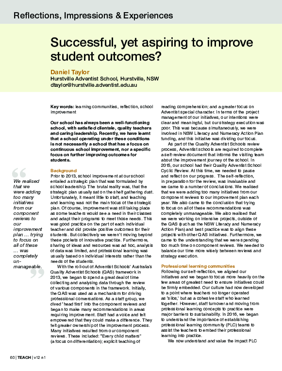 (PDF) Successful, yet Aspiring to Improve Student Outcomes? | Daniel ...