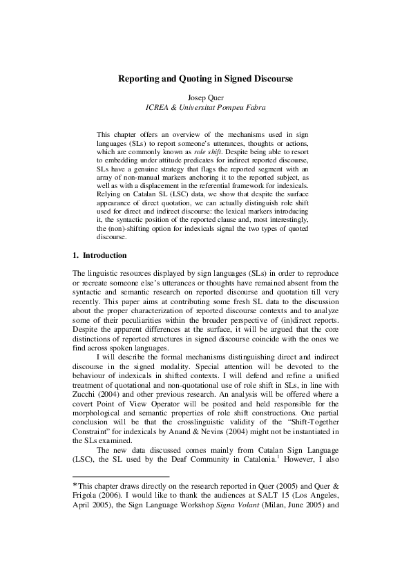 (PDF) Reporting and Quoting in Signed Discourse