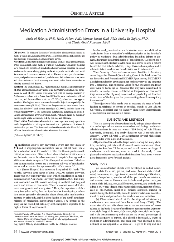 (PDF) Medication Administration Errors in a University Hospital