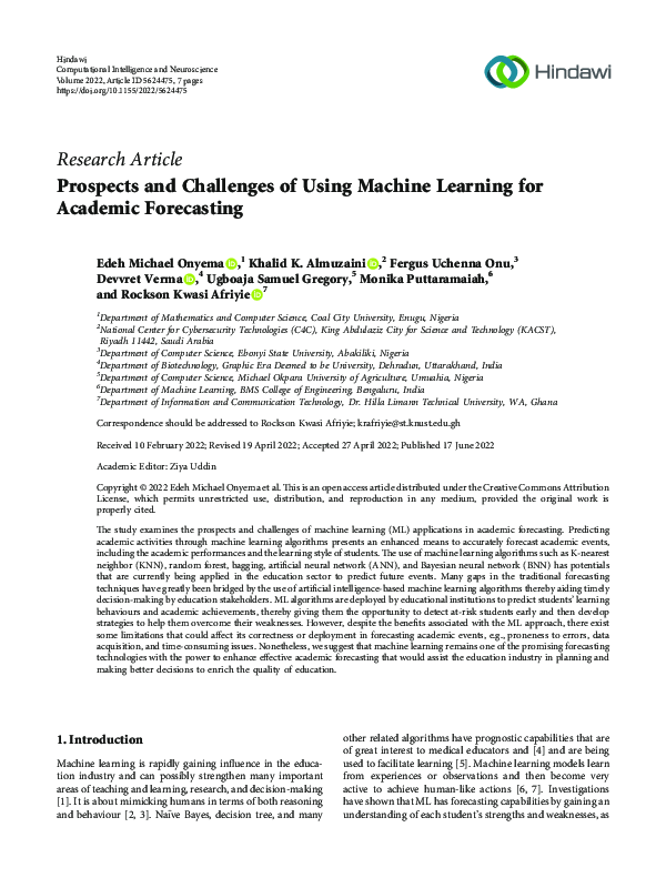 Pdf Prospects And Challenges Of Using Machine Learning For Academic Forecasting