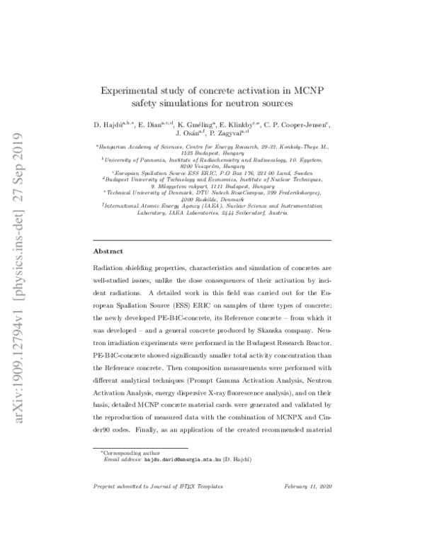 (PDF) Experimental study of concrete activation in MCNP safety simulations for neutron sources