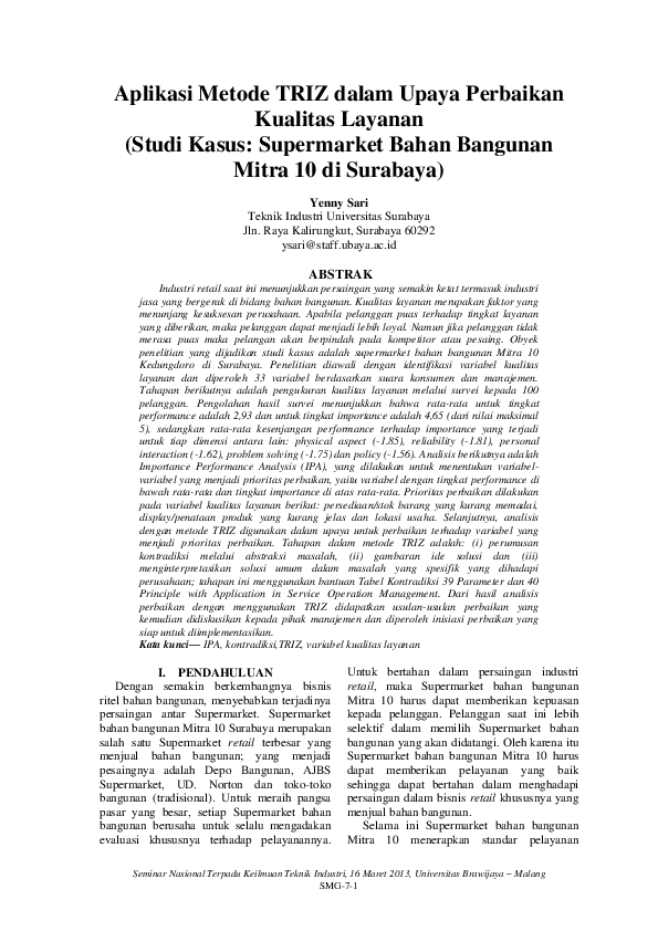 (PDF) Aplikasi Metode TRIZ dalam Upaya Perbaikan Kualitas Layanan(Studi Kasus: Supermarket Bahan ...