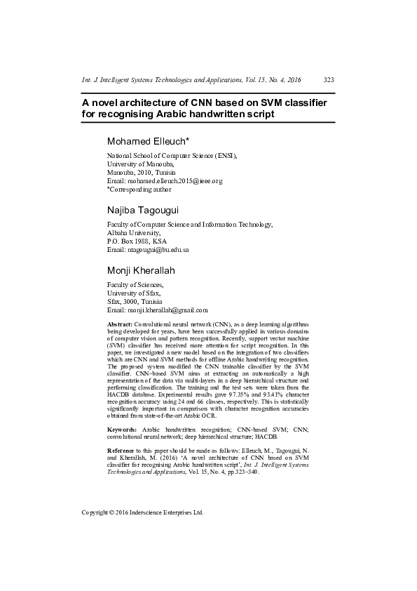 (PDF) A novel architecture of CNN based on SVM classifier for recognising Arabic handwritten script