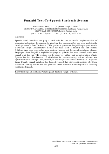 (PDF) Punjabi Text-To-Speech Synthesis System