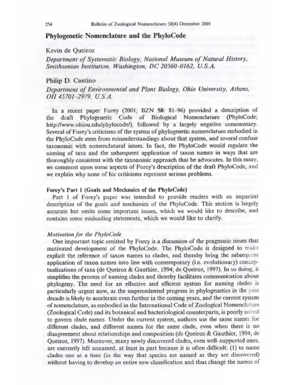 (PDF) Phyiogenetic Nomenclature and the PhyloCode