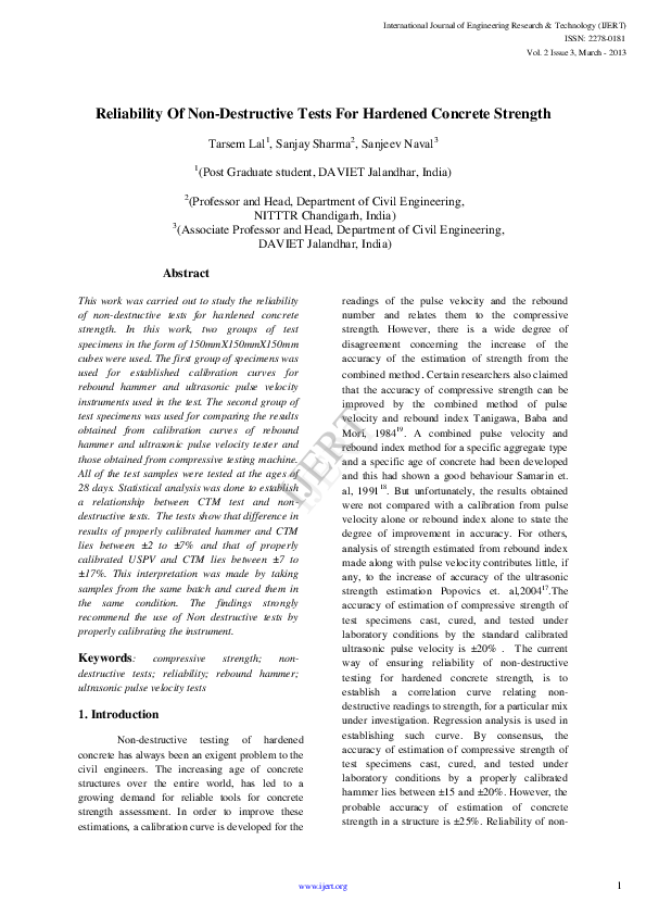 Pdf Reliability Of Non Destructive Tests For Hardened Concrete Strength