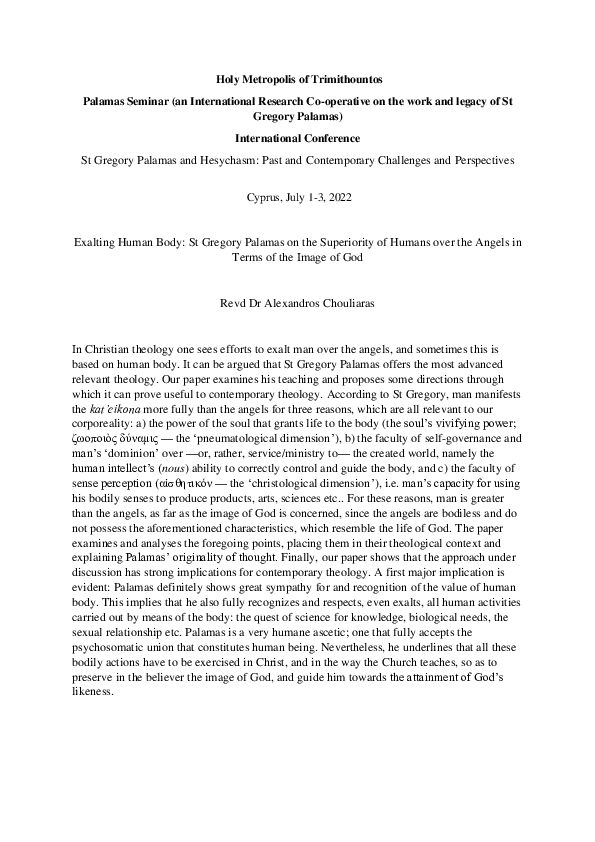 (PDF) Exalting Human Body: St Gregory Palamas on the Superiority of ...