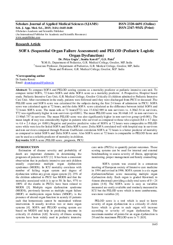 (PDF) SOFA (Sequential Organ Failure Assessment) and PELOD (Pediatric ...