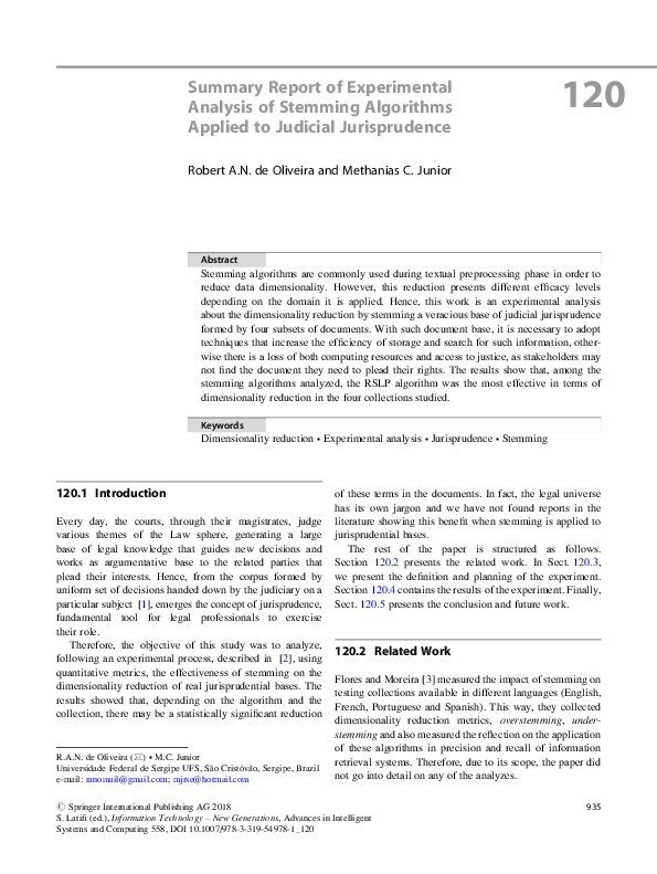 Pdf Summary Report Of Experimental Analysis Of Stemming Algorithms Applied To Judicial