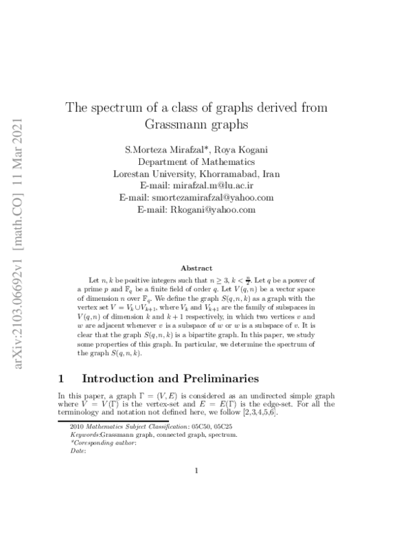 (PDF) The spectrum of a class of graphs derived from Grassmann graphs