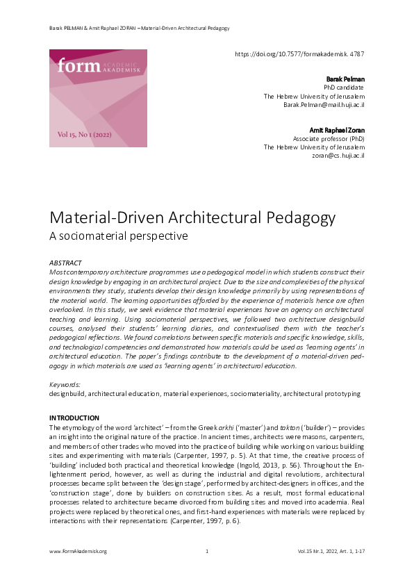 (PDF) Material-Driven Architectural Pedagogy