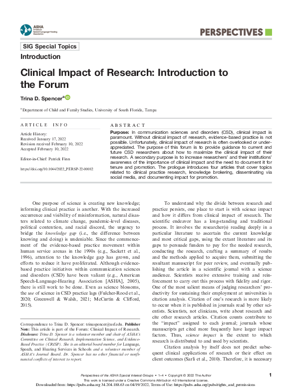 (PDF) Clinical Impact of Research: Introduction to the Forum
