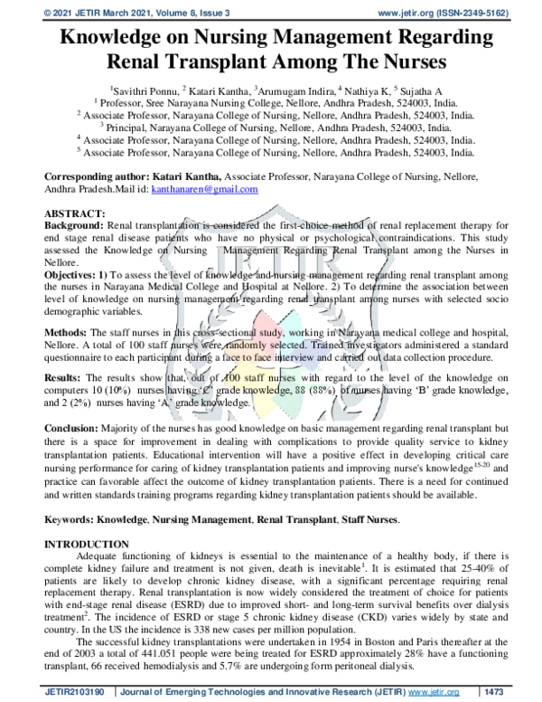 (PDF) Knowledge on Nursing Management Regarding Renal Transplant Among ...