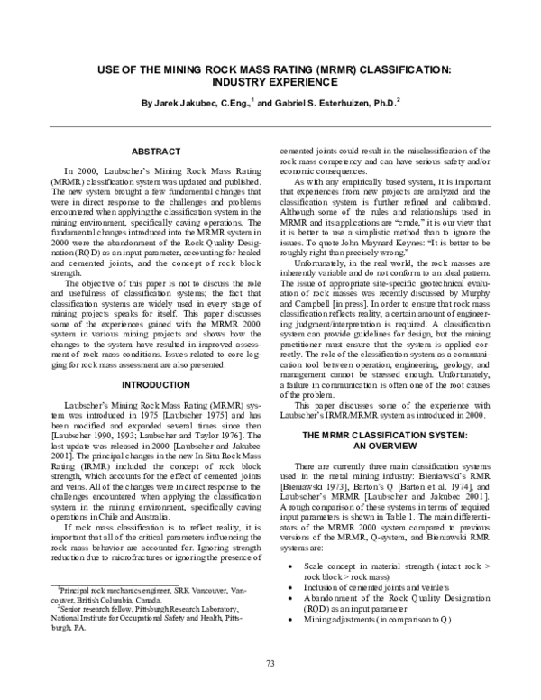 (PDF) Use of the Mining Rock Mass Rating (MRMR) Classification: Industry Experience