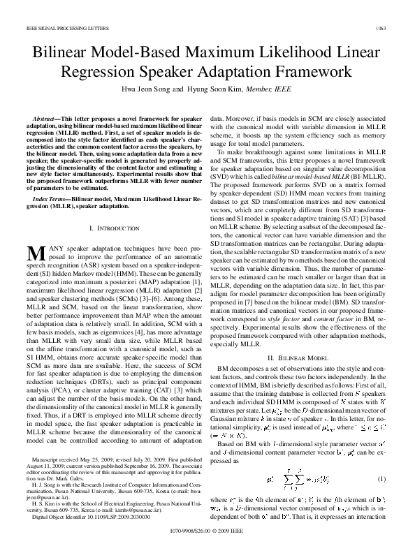 Pdf Bilinear Model Based Maximum Likelihood Linear Regression Speaker