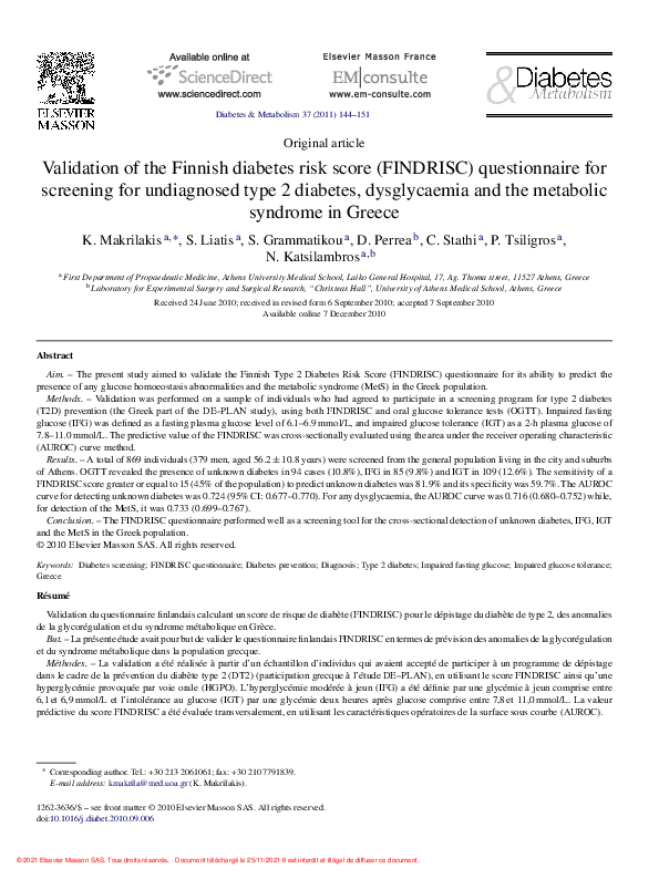 (PDF) Validation of the Finnish diabetes risk score (FINDRISC ...