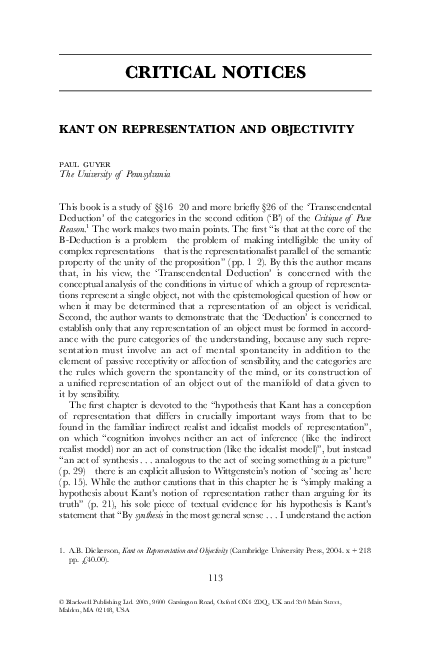 (PDF) Kant on Representation and Objectivity