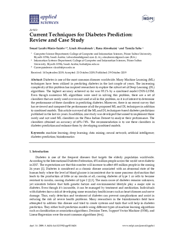 (PDF) Current Techniques for Diabetes Prediction: Review and Case Study