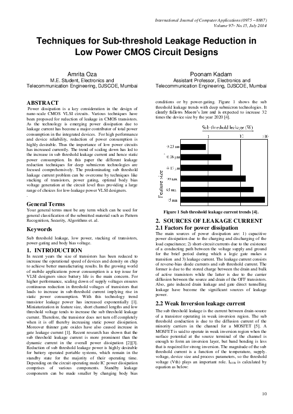 Pdf Techniques For Sub Threshold Leakage Reduction In Low Power Cmos Circuit Designs