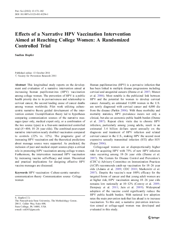 (PDF) Effects of a Narrative HPV Vaccination Intervention Aimed at ...