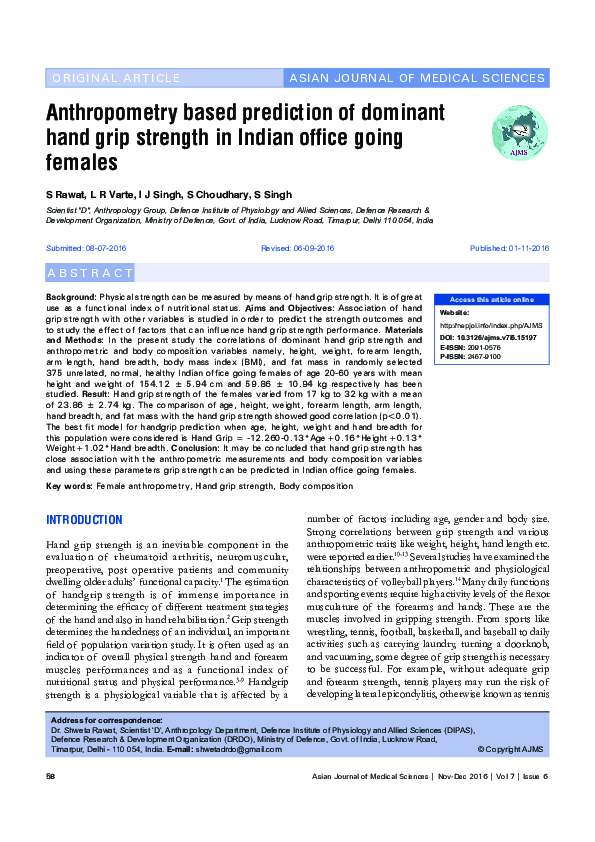 (PDF) Anthropometry based prediction of dominant hand grip strength in ...