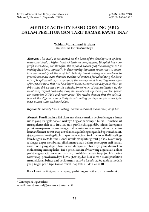 (PDF) Metode Activity Based Costing (Abc) Dalam Perhitungan Tarif Kamar ...