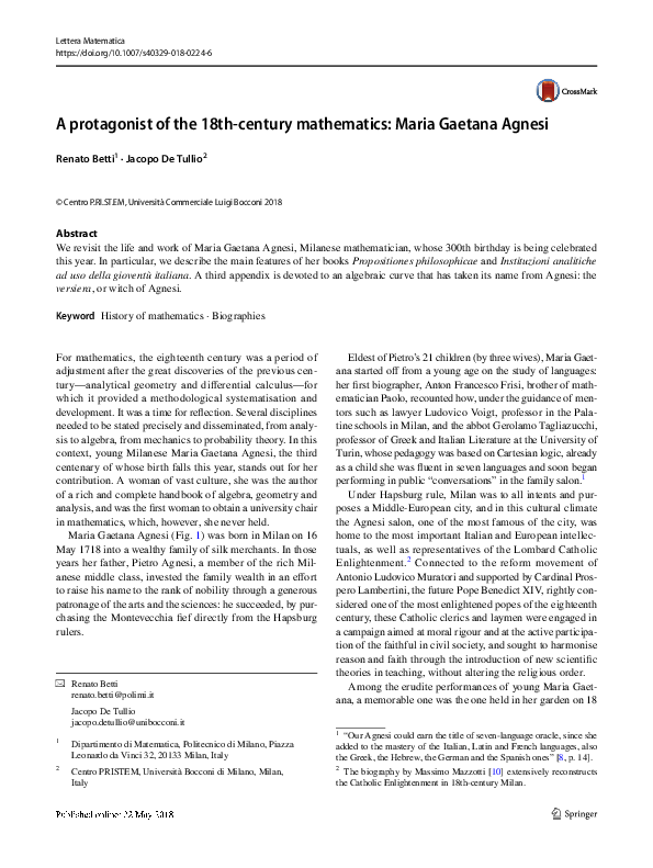 (PDF) A protagonist of the 18th-century mathematics: Maria Gaetana Agnesi