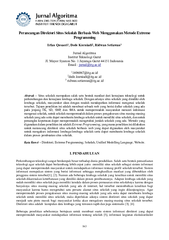 (PDF) Perancangan Direktori Situs Sekolah Berbasis Web Menggunakan Metode Extreme Programming