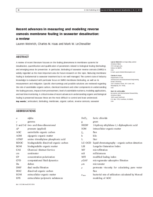 (PDF) Recent advances in measuring and modeling reverse osmosis ...