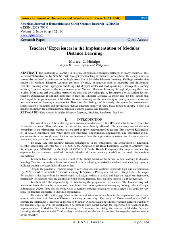 (PDF) Teachers' Experiences in the Implementation of Modular Distance Learning
