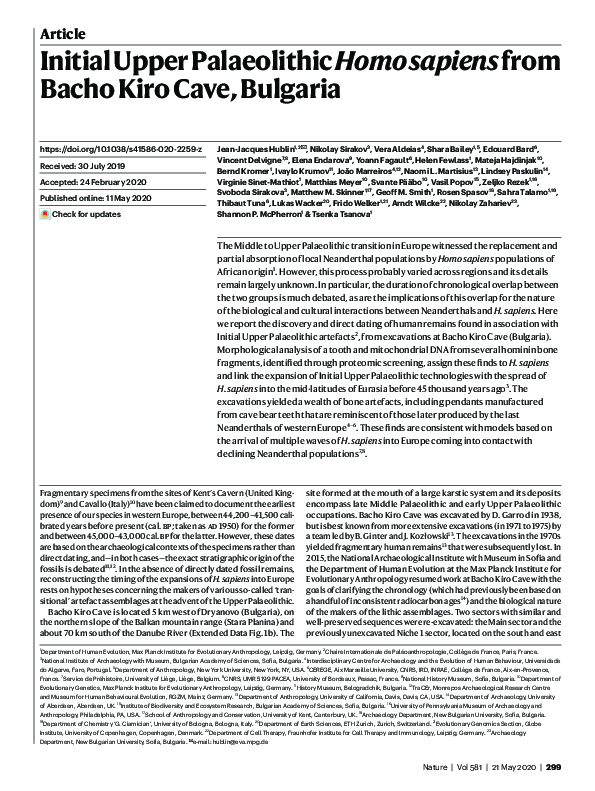 (PDF) Initial Upper Palaeolithic Homo sapiens from Bacho Kiro Cave ...