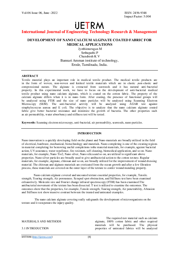 (PDF) DEVELOPMENT OF NANO CALCIUM ALGINATE COATED FABRIC FOR MEDICAL ...