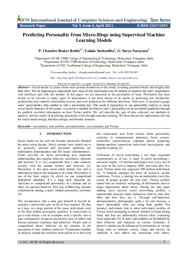 (PDF) Predicting Personality from Micro-Blogs using Supervised Machine ...