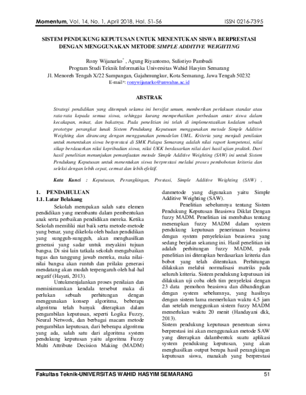 (PDF) Sistem Pendukung Keputusan Untuk Menentukan Siswa Berprestasi Dengan Menggunakan Metode ...