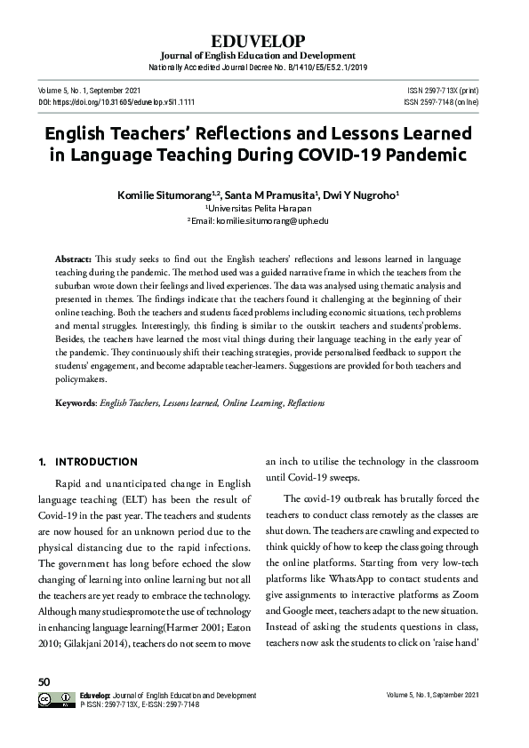 (PDF) English Teachers' Reflections and Lessons Learned in Language ...