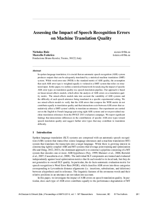 Pdf Impact Of Asr Errors On Smt Quality