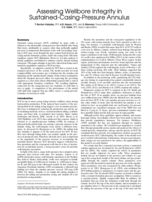 (PDF) Assessing Wellbore Integrity in Sustained-Casing-Pressure Annulus