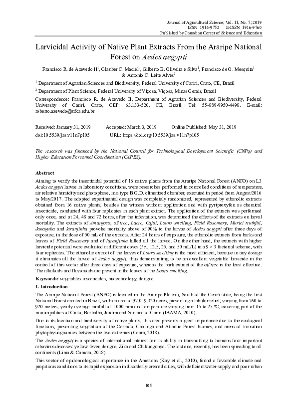 (PDF) Larvicidal Activity of Native Plant Extracts From the Araripe National Forest on Aedes aegypti