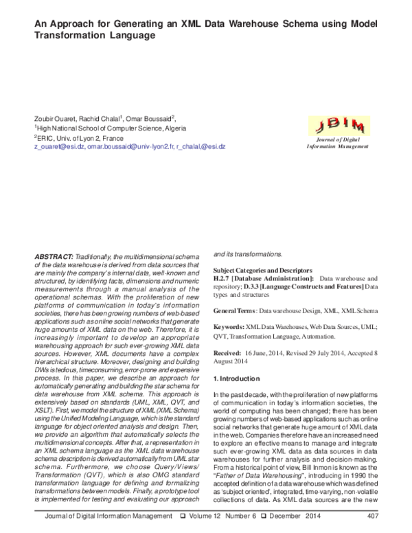 (PDF) An Approach for Generating an XML Data Warehouse Schema using Model Transformation Language