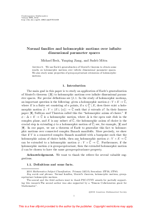 (PDF) Normal families and holomorphic motions over infinite dimensional ...