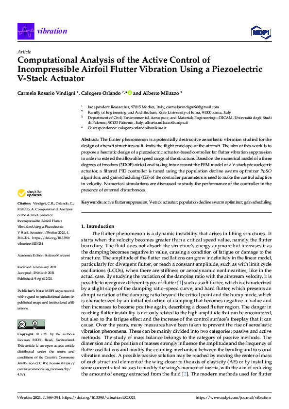 Pdf Computational Analysis Of The Active Control Of Incompressible Airfoil Flutter Vibration