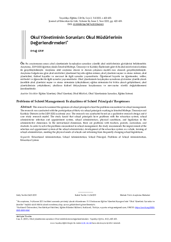 (PDF) Okul Yönetiminin Sorunları: Okul Müdürlerinin Değerlendirmeleri